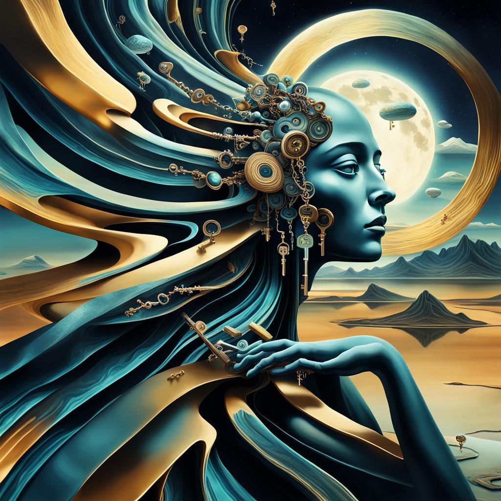 a surreal digital art piece depicting keys floating in a dreamlike ...