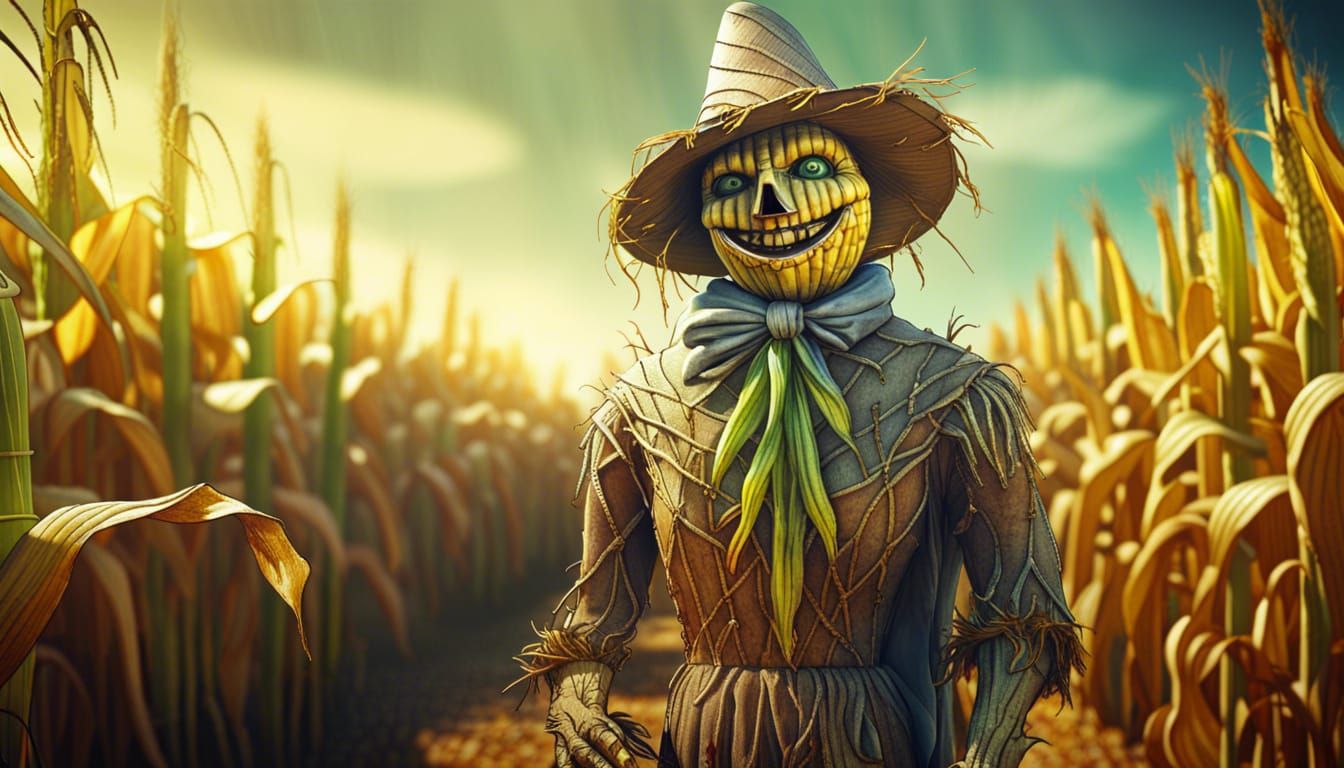 An evil looking scarecrow in a realistic corn maze , intricately ...
