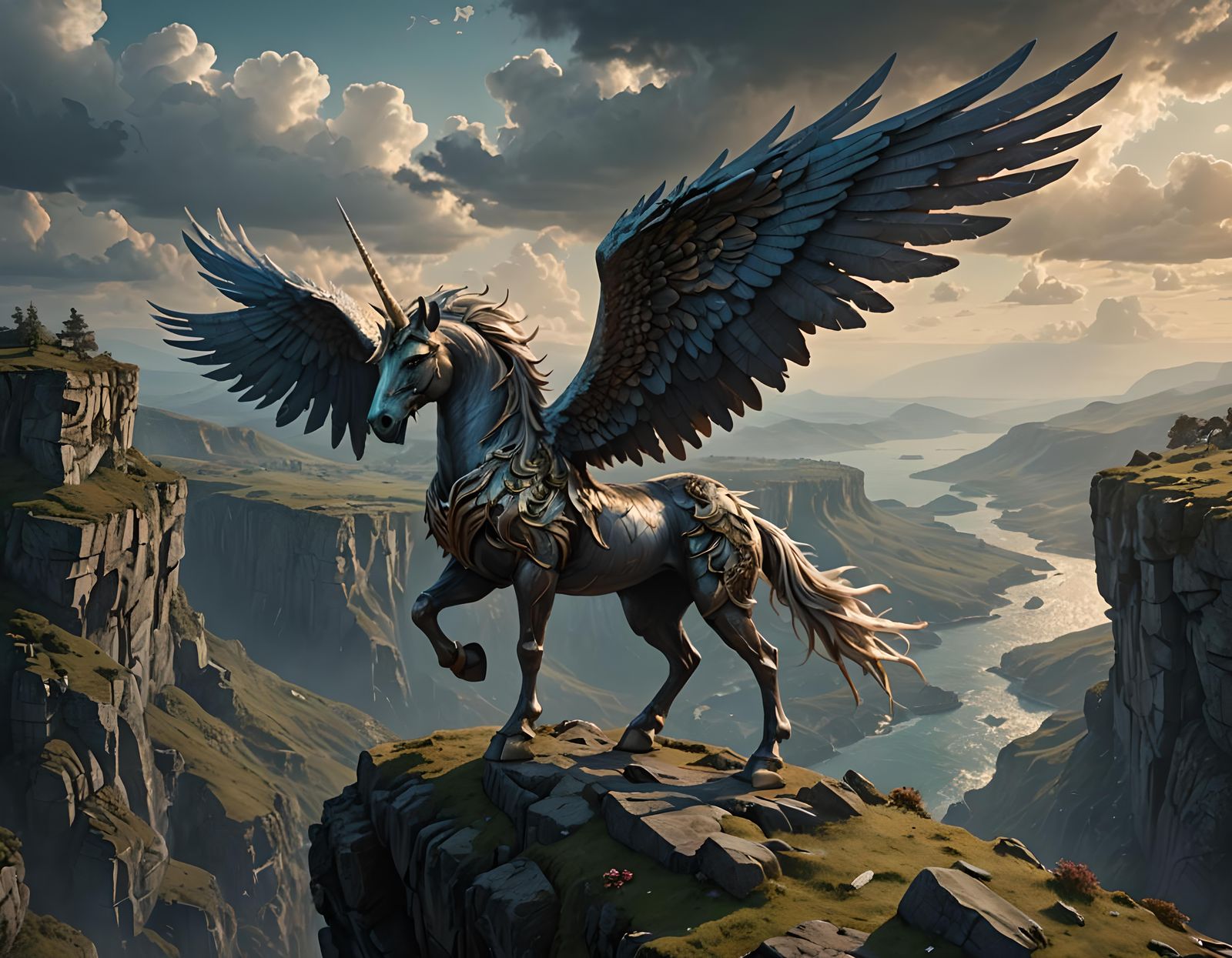 an alicorn with wings stretched out standing on a cliff, Epic cinematic ...