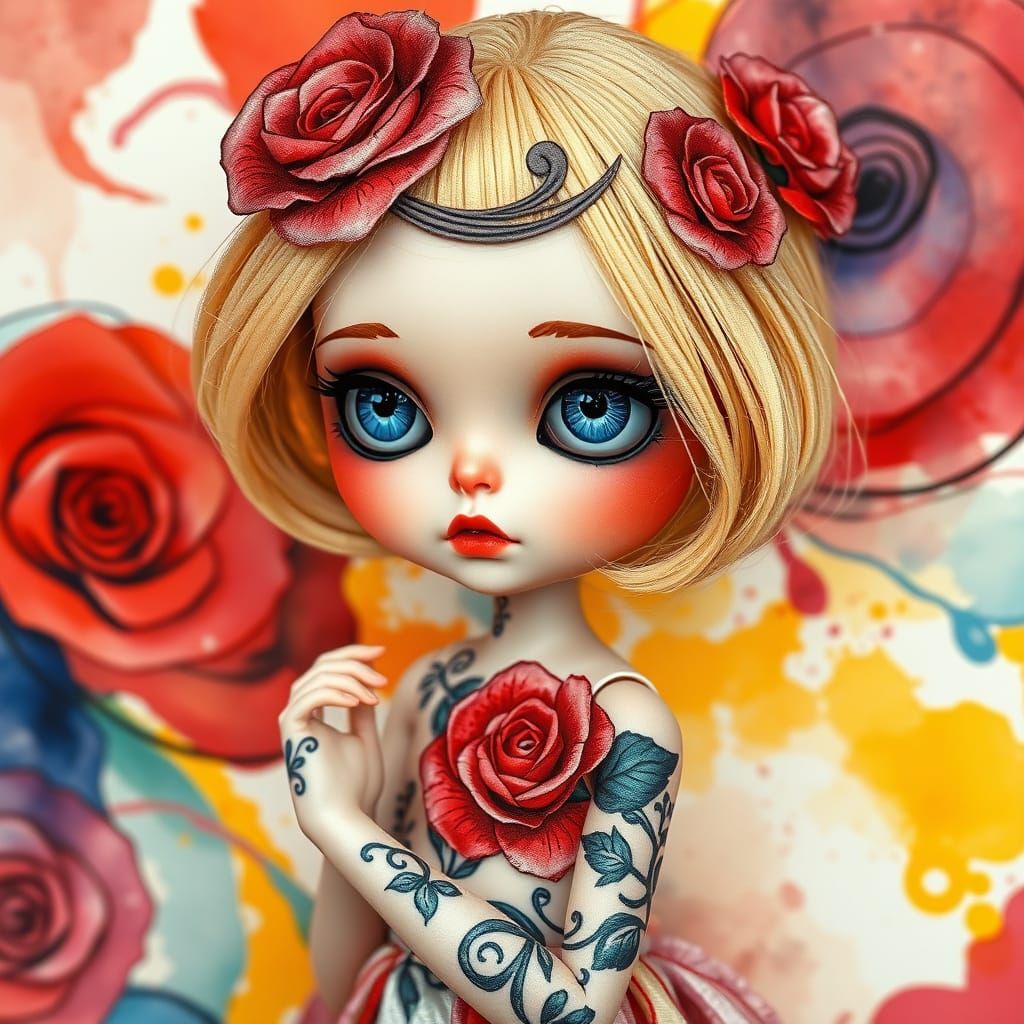 Doll and roses - Dreamlike Blythe Doll in Watercolor-Inspire...