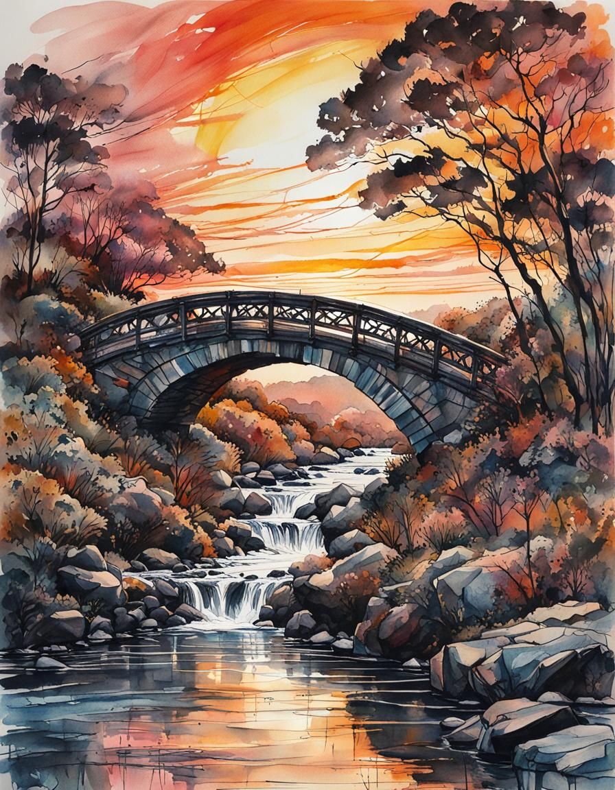 Sunset Stone Bridge - Sunset Stone Bridge in Cubist Style