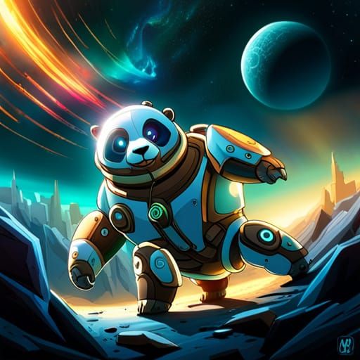 Panda-mech hybrid, intricate mechanical components, organic turtle body ...