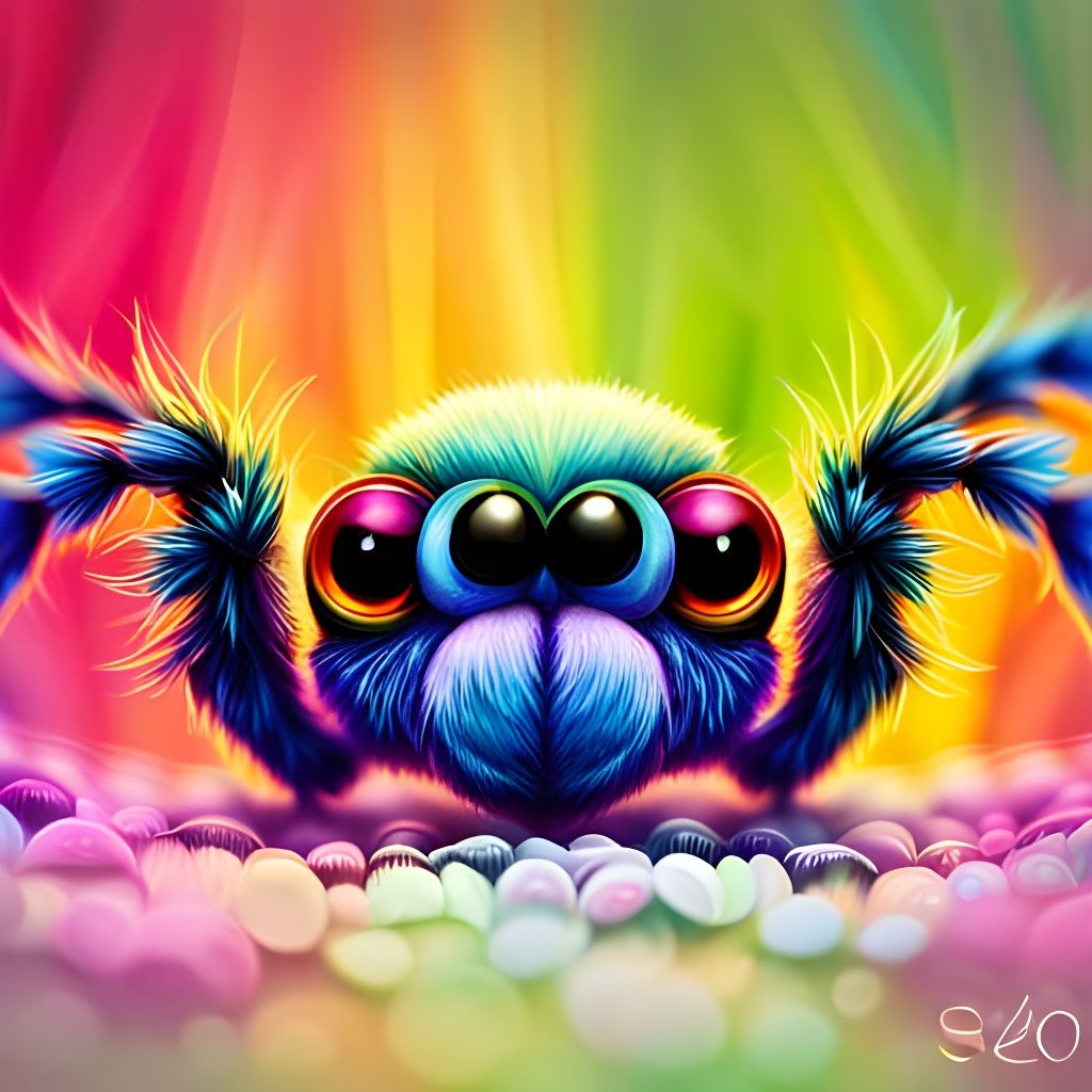 macro of friendly furry spider:: rainbow sparkle adorable big eyes ...