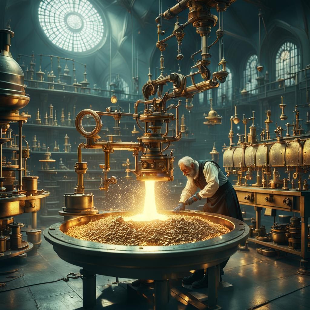 ALchemist turning iron into gold in an elaborate laboratory. Epic cinematic brilliant stunning ...