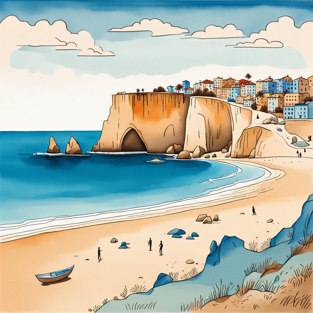 Naive art, pop art styles for A wide beach with a cliff on the left ...