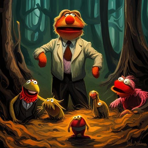 a forest filled with unique scary [muppets]::4 they look like they have ...