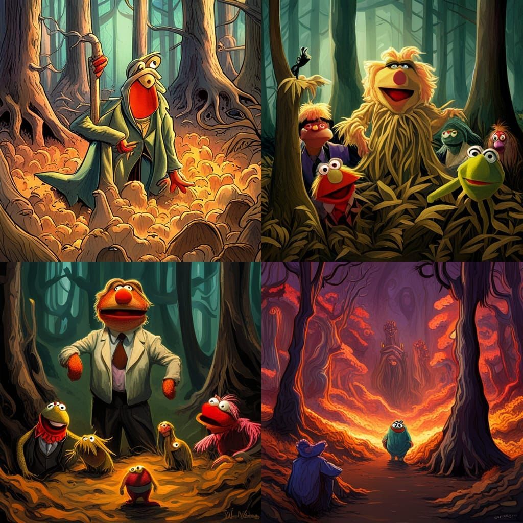 a forest filled with unique scary [muppets]::4 they look like they have ...