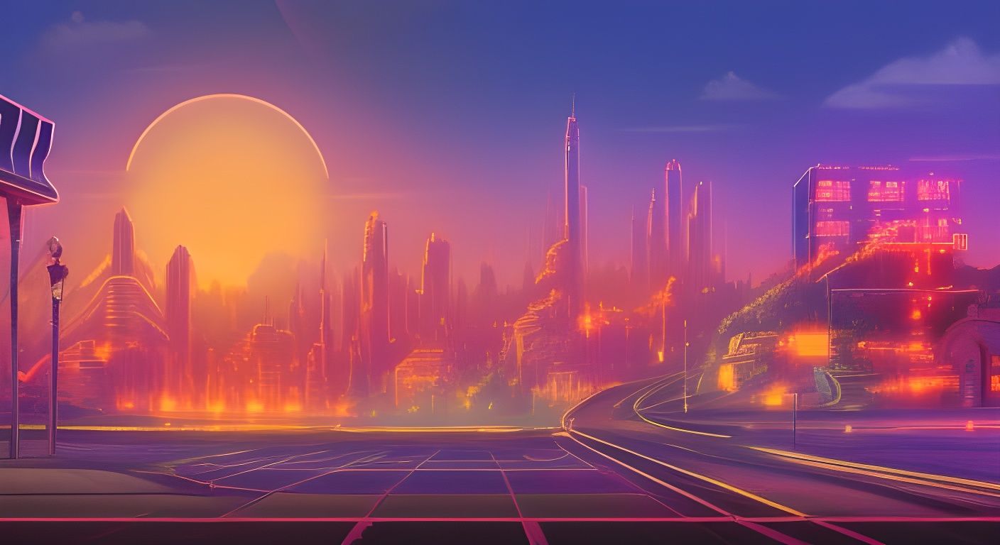 80's retro city with sunset at the side, detailed matte painting, deep ...