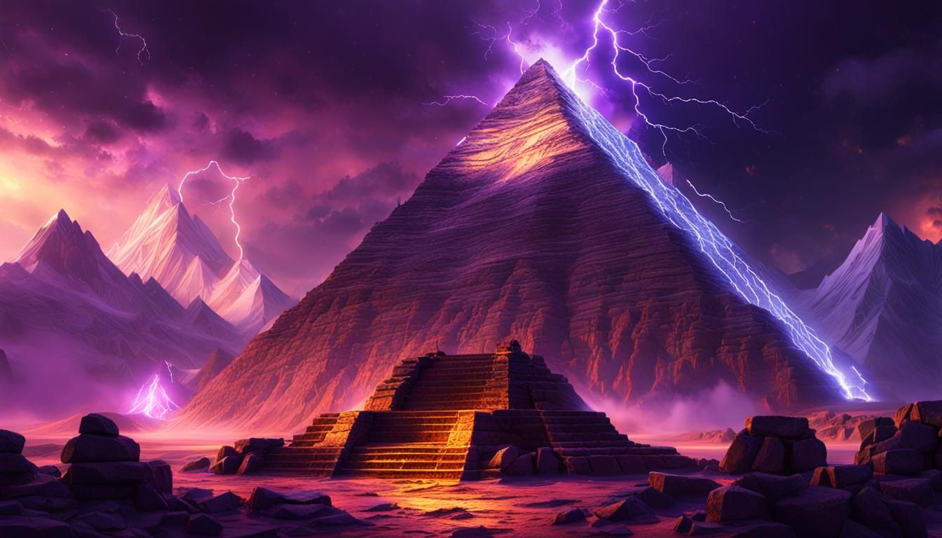 Pyramid with ice and fire in an epic scenario with a broken temple ...