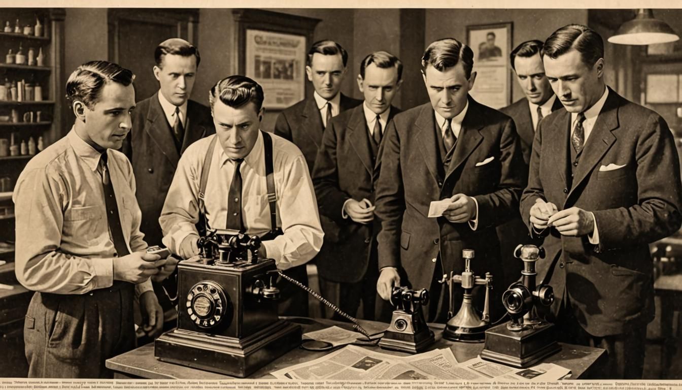 First telephone, Edison, laboratory, style 1950's newspaper picture ...