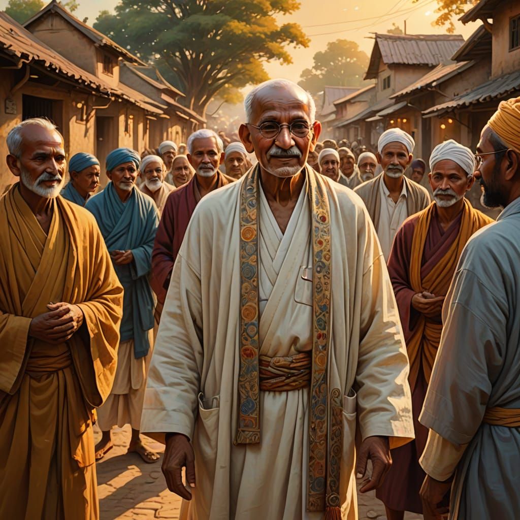 A wise and compassionate man stands amidst a bustling village ...