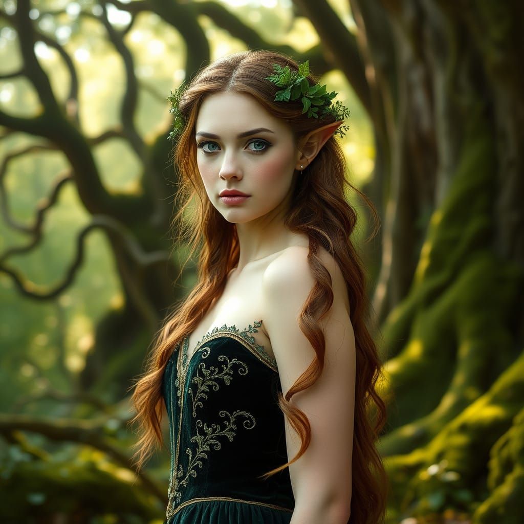Ethereal Elven Princess in Dark Green Velvet Gown,... - AI Art