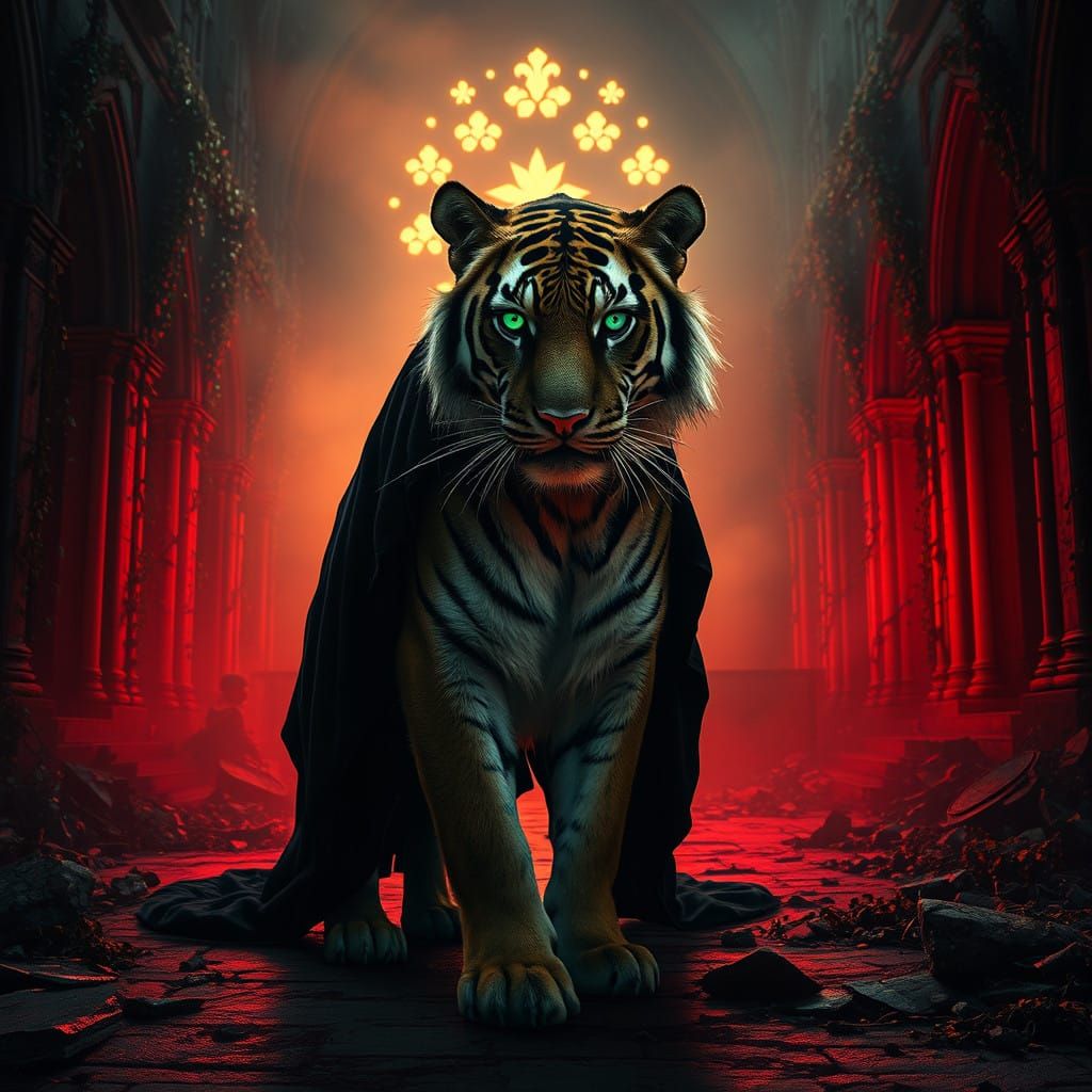 A hauntingly beautiful, hyper-realistic gothic Tiger, shrouded in an ...