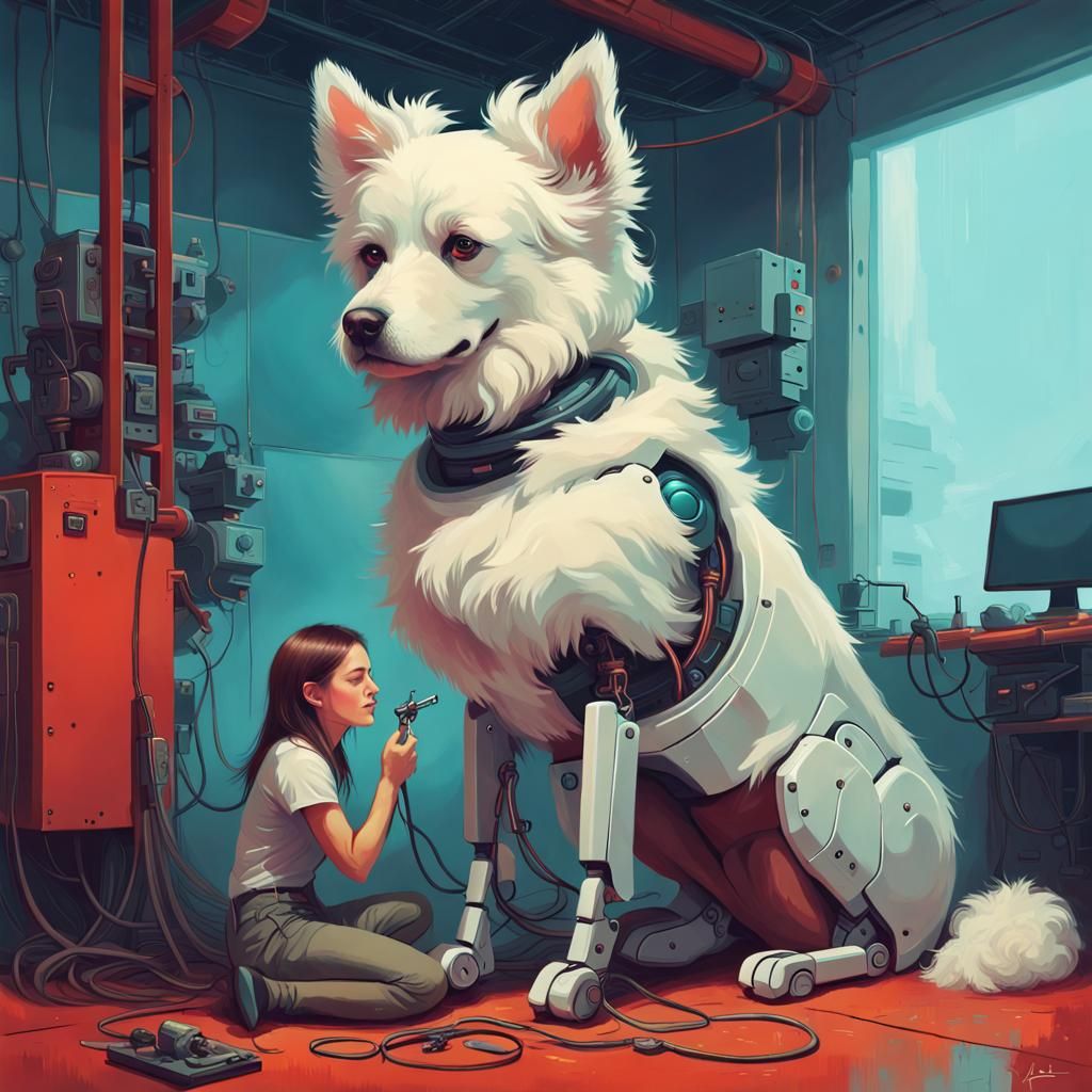 "Robotic cute fluffy dog being repaired by girl” by Anna dittman by ...