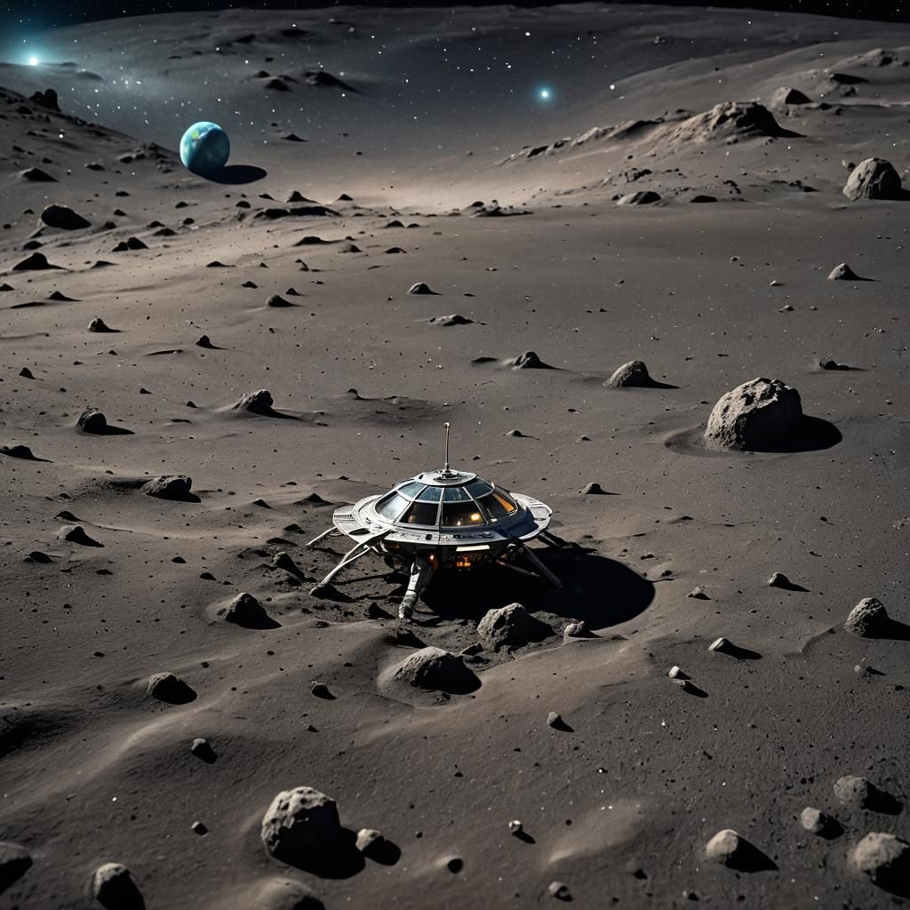 Photograph, Macro, miniature alien spaceship on the moon surface ...