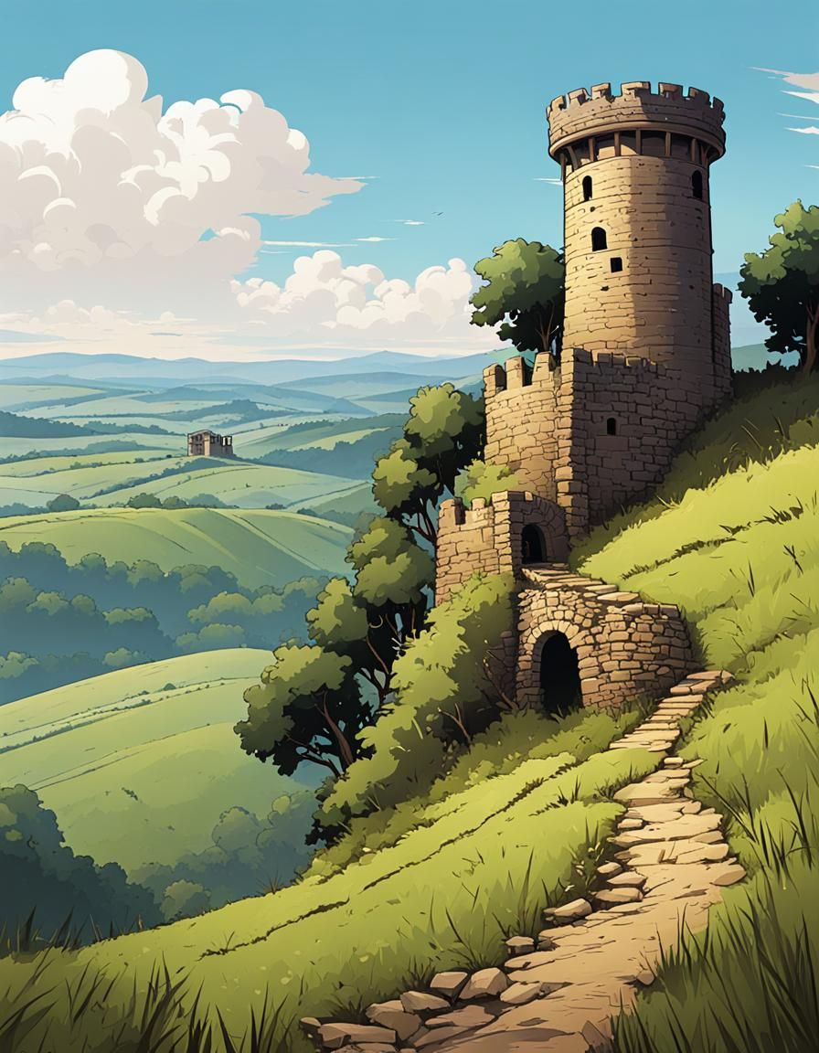 Digital Comic Fantasy Landscape with Old Watchtower - AI Generated ...