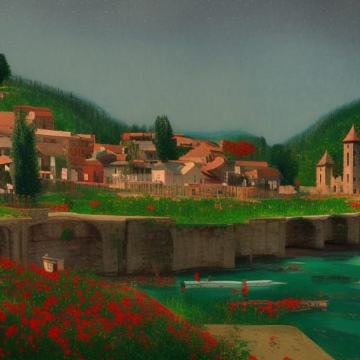 french village, landscape, Peter Doig - AI Generated Artwork ...