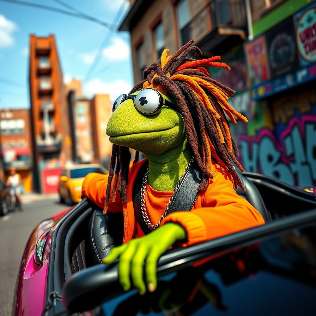 Kermit the Frog Cruises Through Urban Streets with... - AI Art