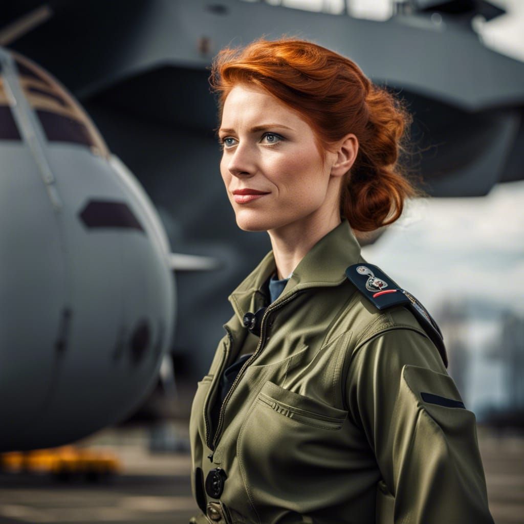 Portrait of a beautiful redhead female British pilot standing on the ...