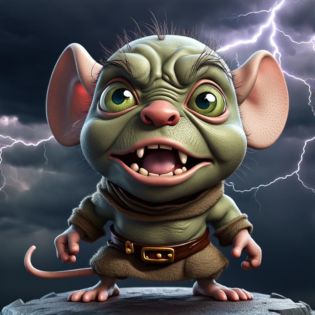 an aggressive but cute exaggerated chibi mouse in the style of an ogre ...