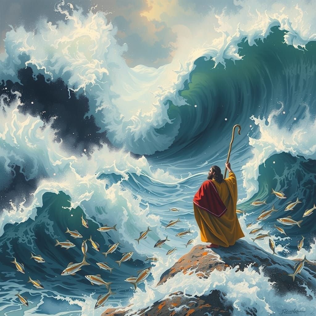 Moses calling the sea to open for the people of God to walk through ...
