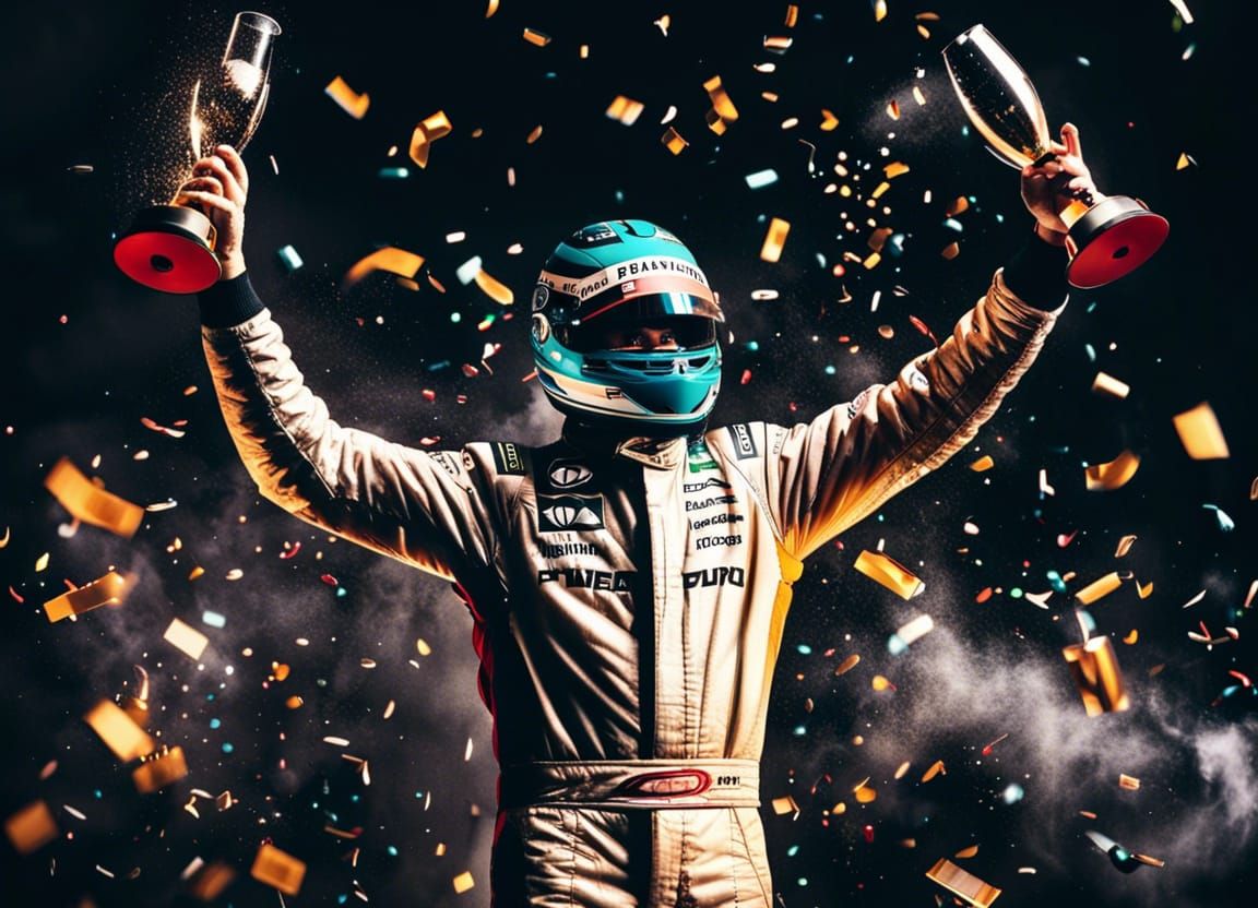 Winner of formula 1 lifting the one shiny Victory trophy in the air ...