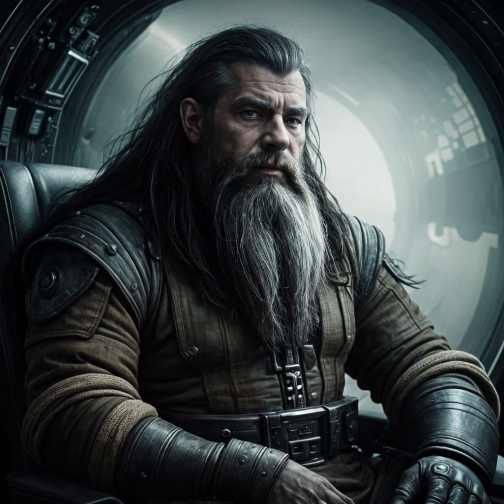 Dwarf space pilot sitting in a pilot seat of a space vessel, long beard.