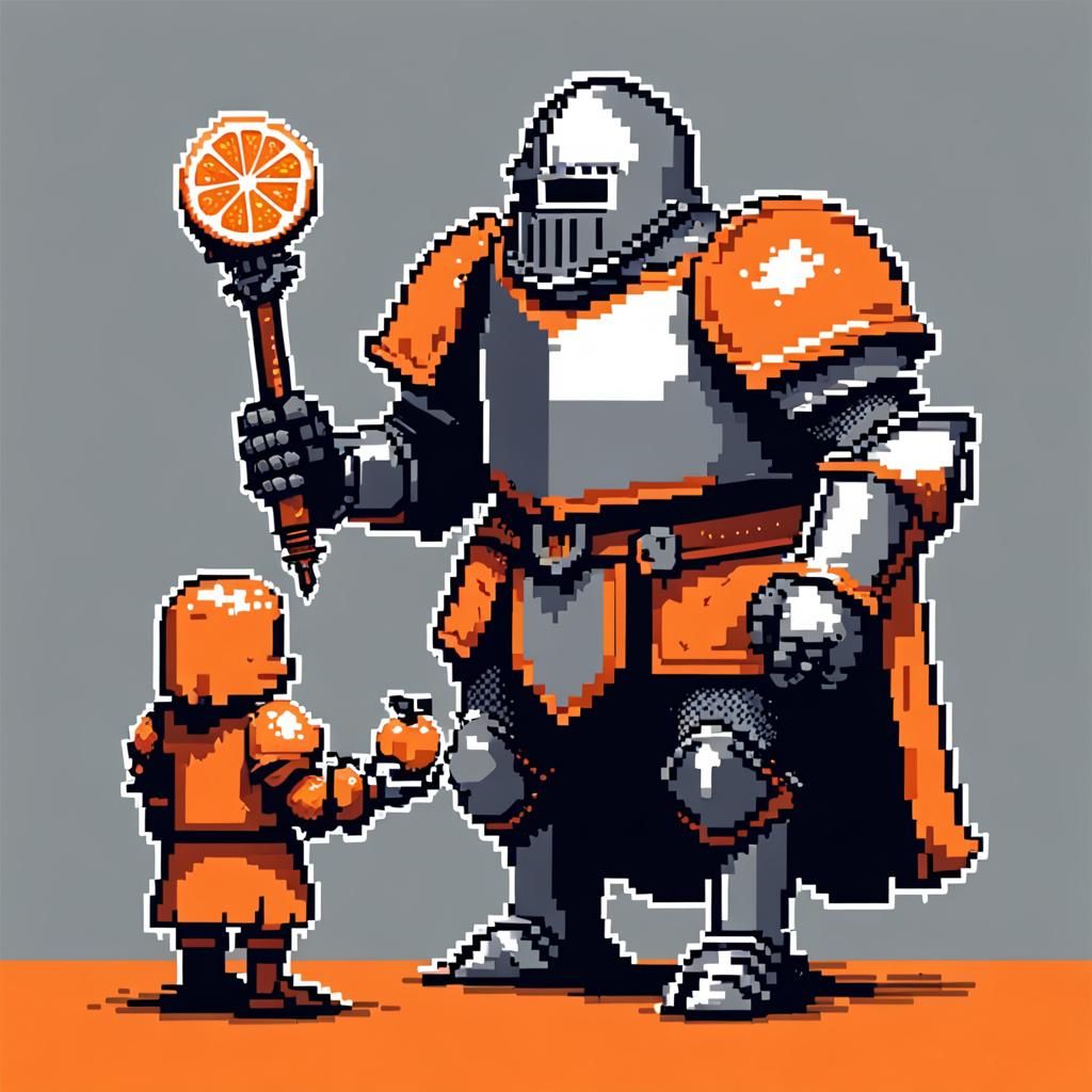8-bit resolution, a knight gives an orange as a gift to a mighty ogre ...