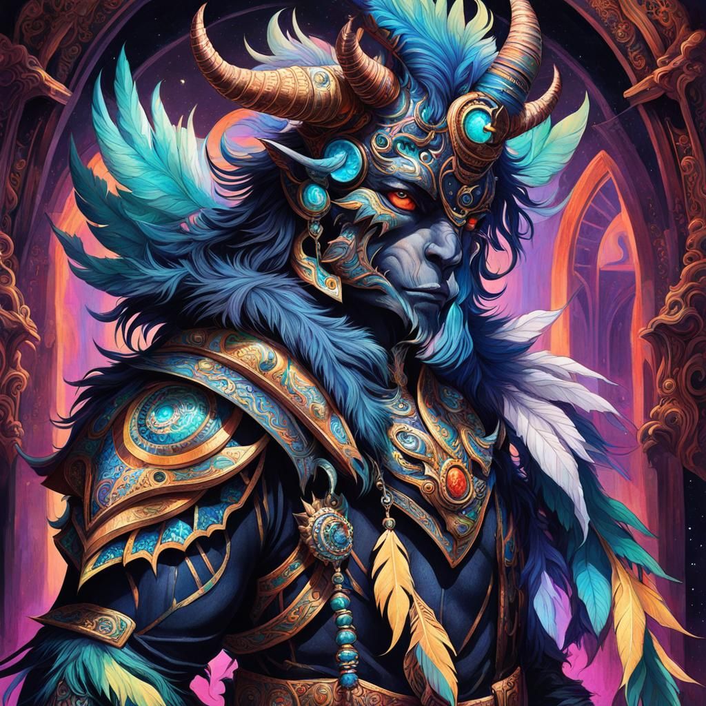 psychedelic head shoulder portrait of a shadow-like masculine demon ...