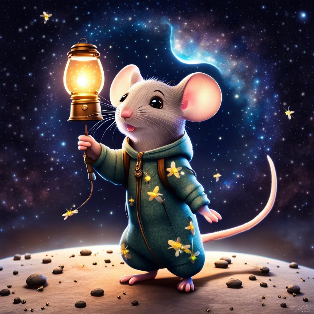 Photograph, chibi mouse holding a lantern with glowing green fireflies ...