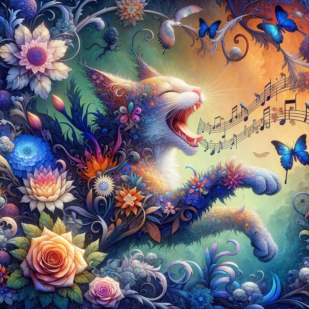 Opera Cat - Fantastical Cat in Whimsical Floral Opera Scene