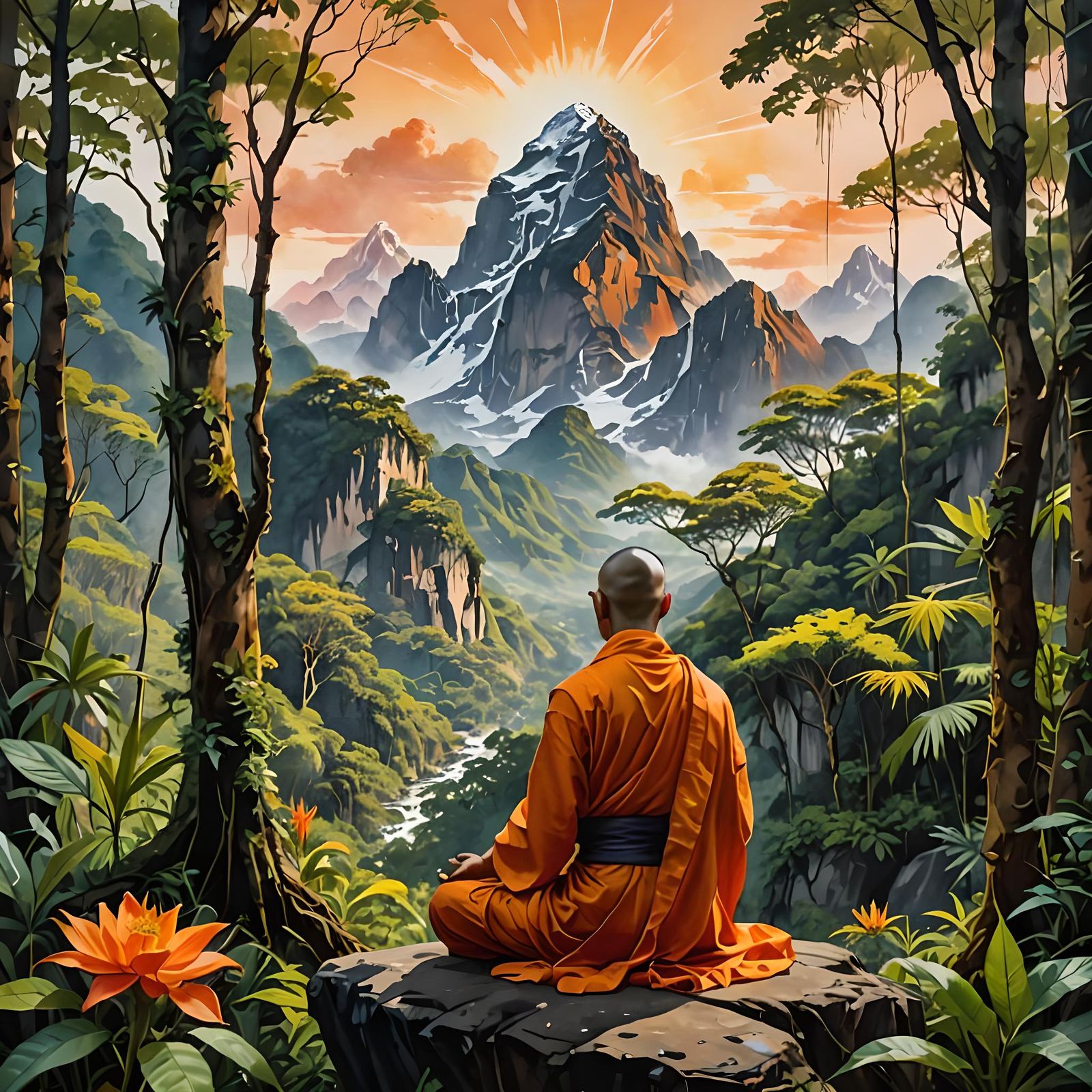 Monk in a bright orange saffron robe meditating in a lush thai jungle with Mount Kailash in ...