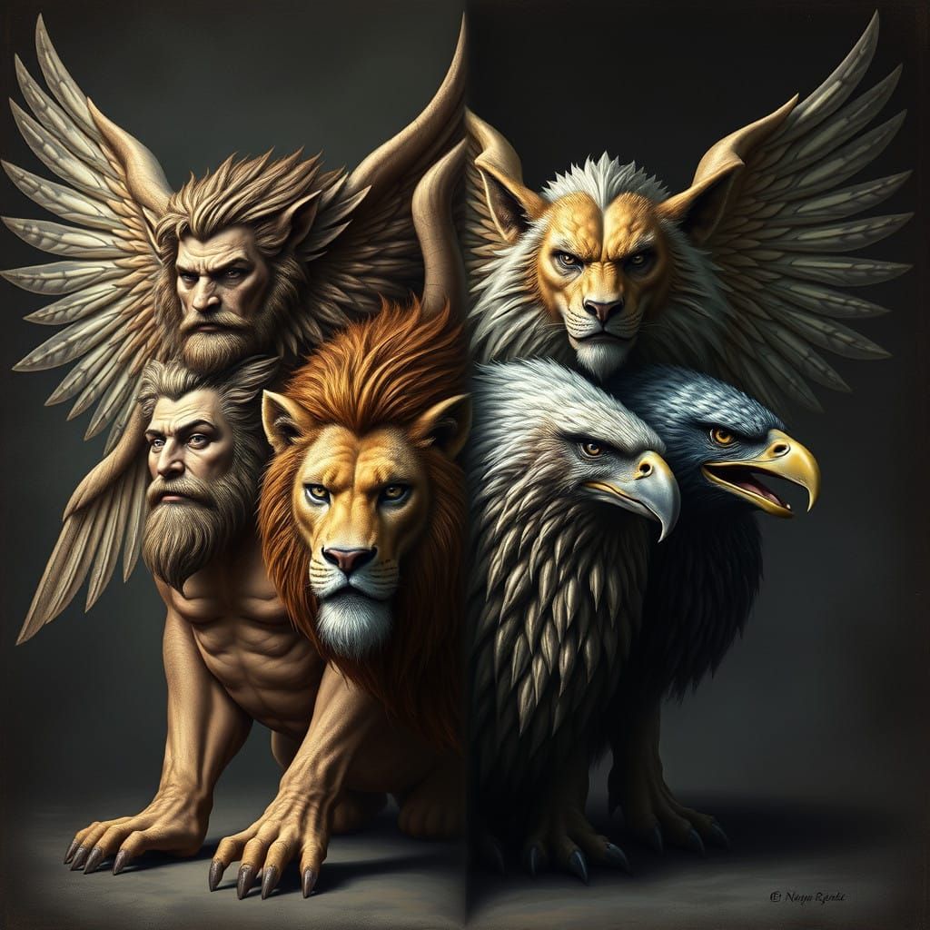 quatre animaux majestueux de forme humaine. chacun quatre ailes et ...