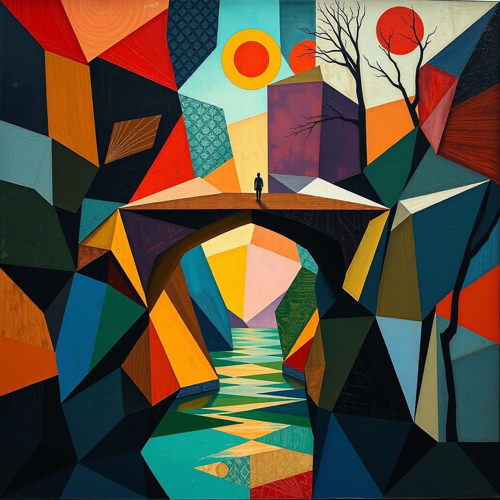Wild Spirit Bridge: Cubist Geometric Art Deco Mast... - AI Art