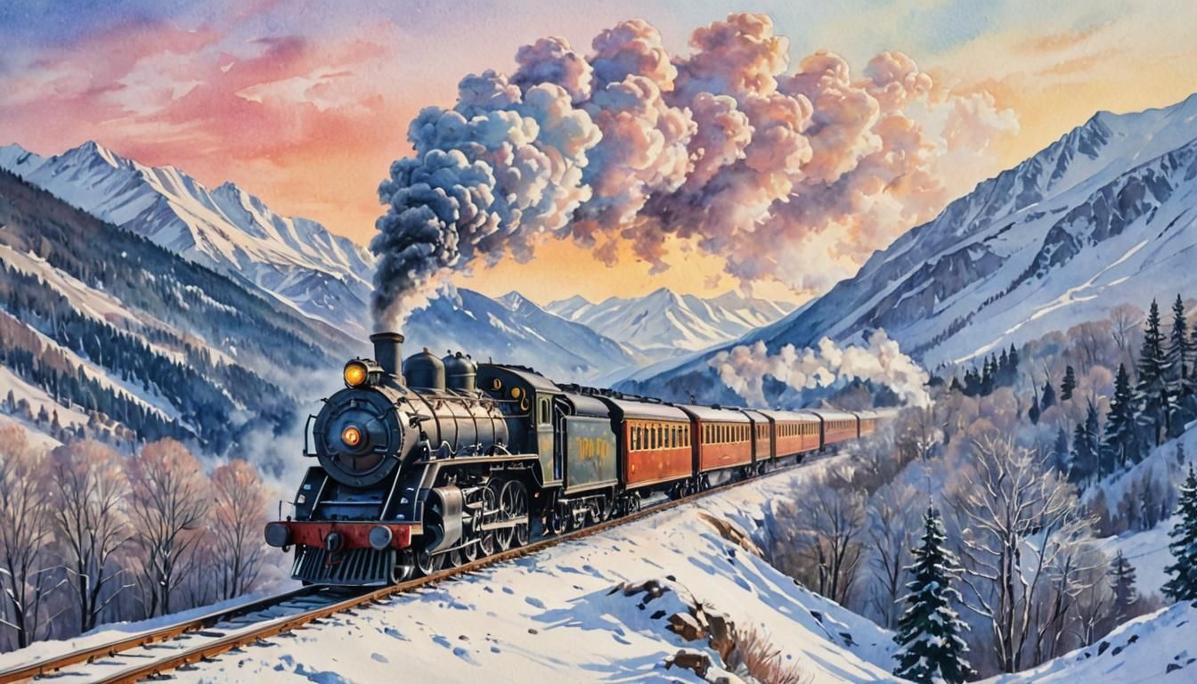 Watercolor painting of a steam train in the snow-covered mountains - AI ...