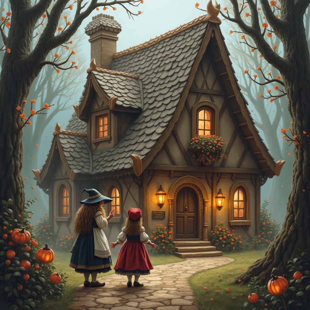 Hansel and Gretel dressed in German garb,approaching the witch's Candy ...