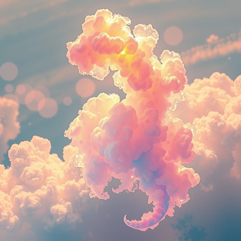 Professional photography. A playful hydra made of clouds soars through the sky, rainbow opaline ...