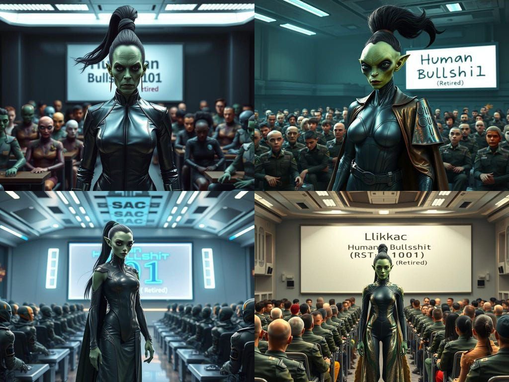 Female alien Professor is in a classromm of military alien students