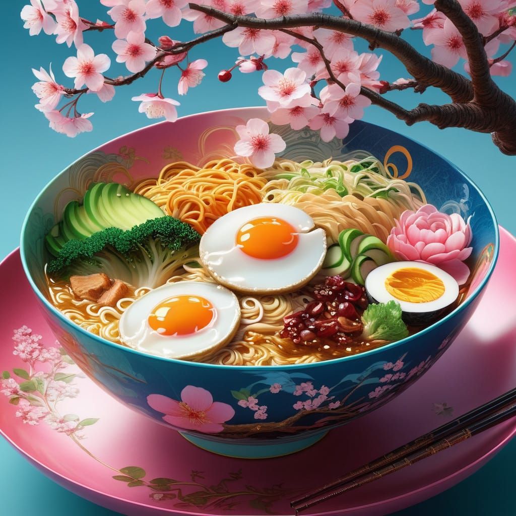 Fantasy Ramen Bowl Blooms in Vibrant Japanese Scen... - AI Art