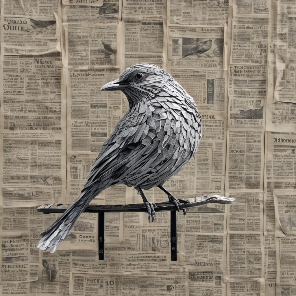 Newspaper art. A bird made of newspapers sitting on a paper bench. Hi ...