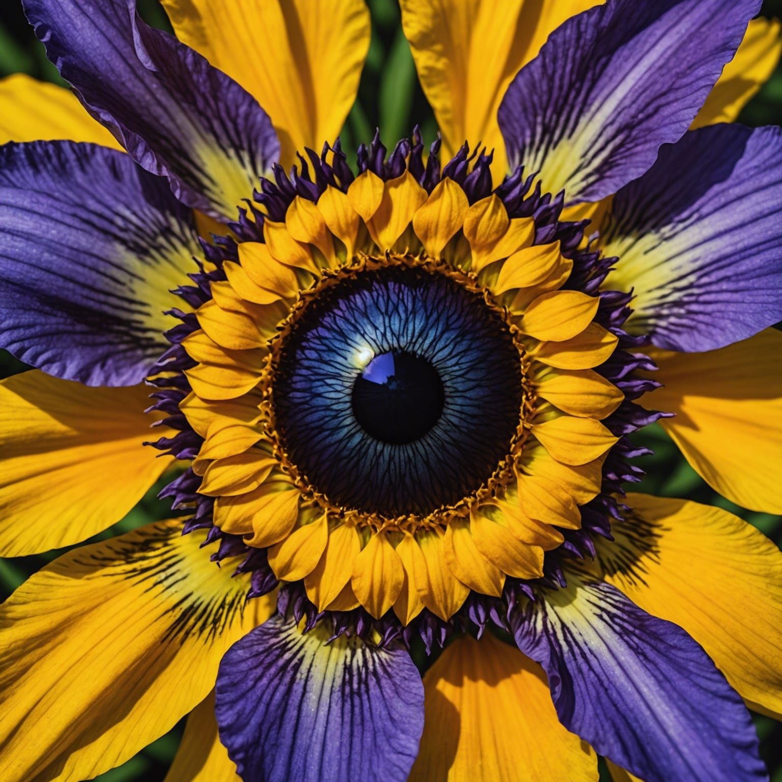 a beautiful iris of an eye, in the center blossom of a sunflower ...