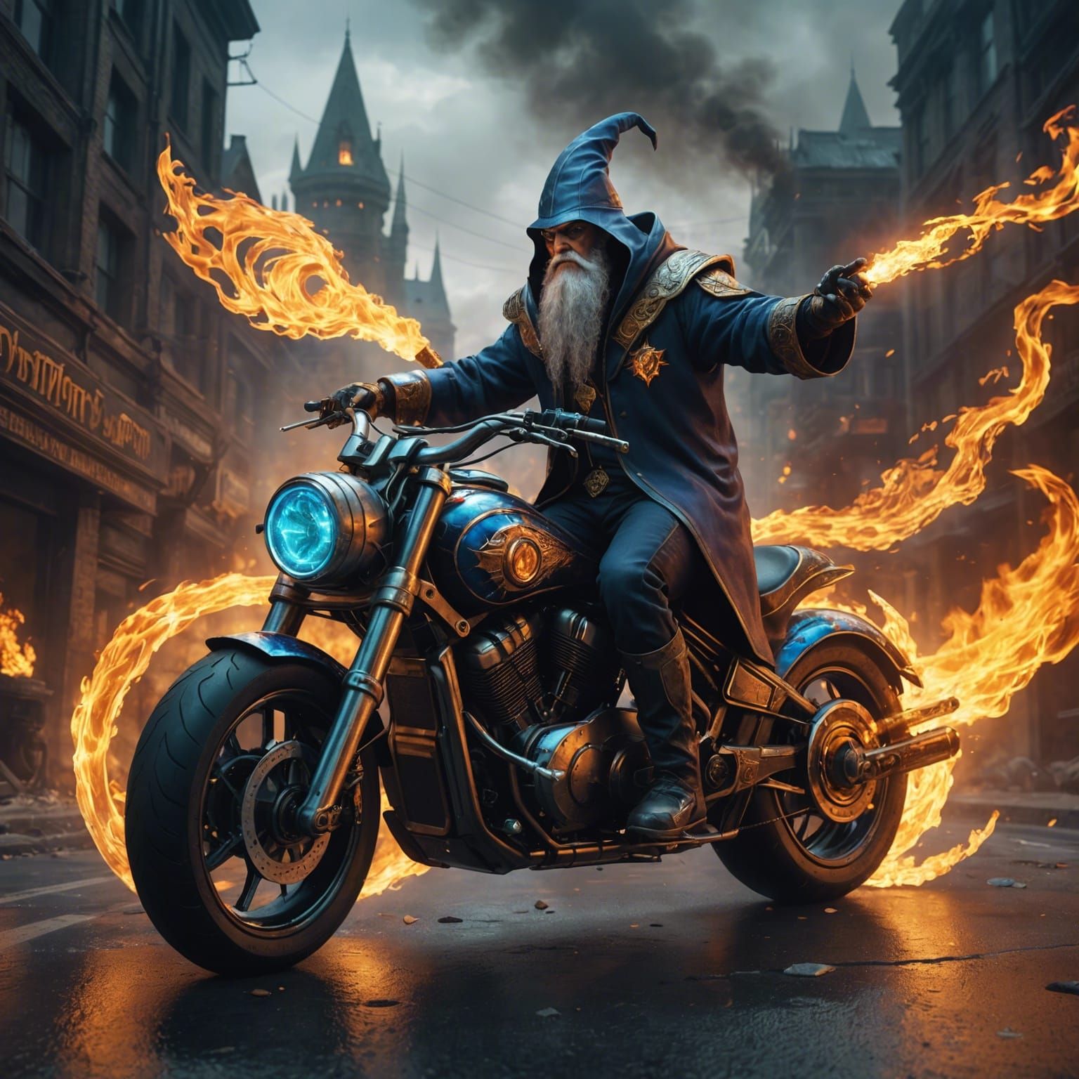 A wizard riding a futuristic motorcycle. With fire coming from his ...