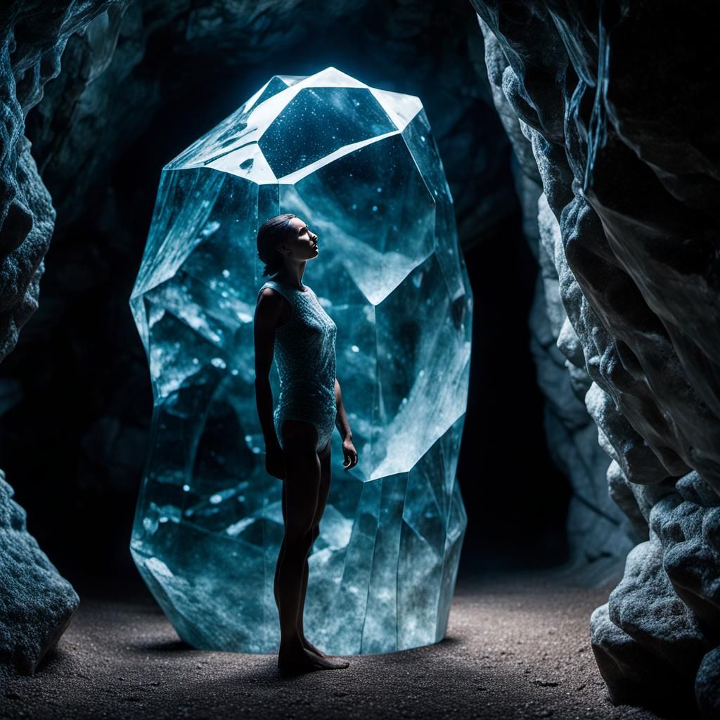 hyper-realistic crystal glass woman body fused in a giant crystal cave ...