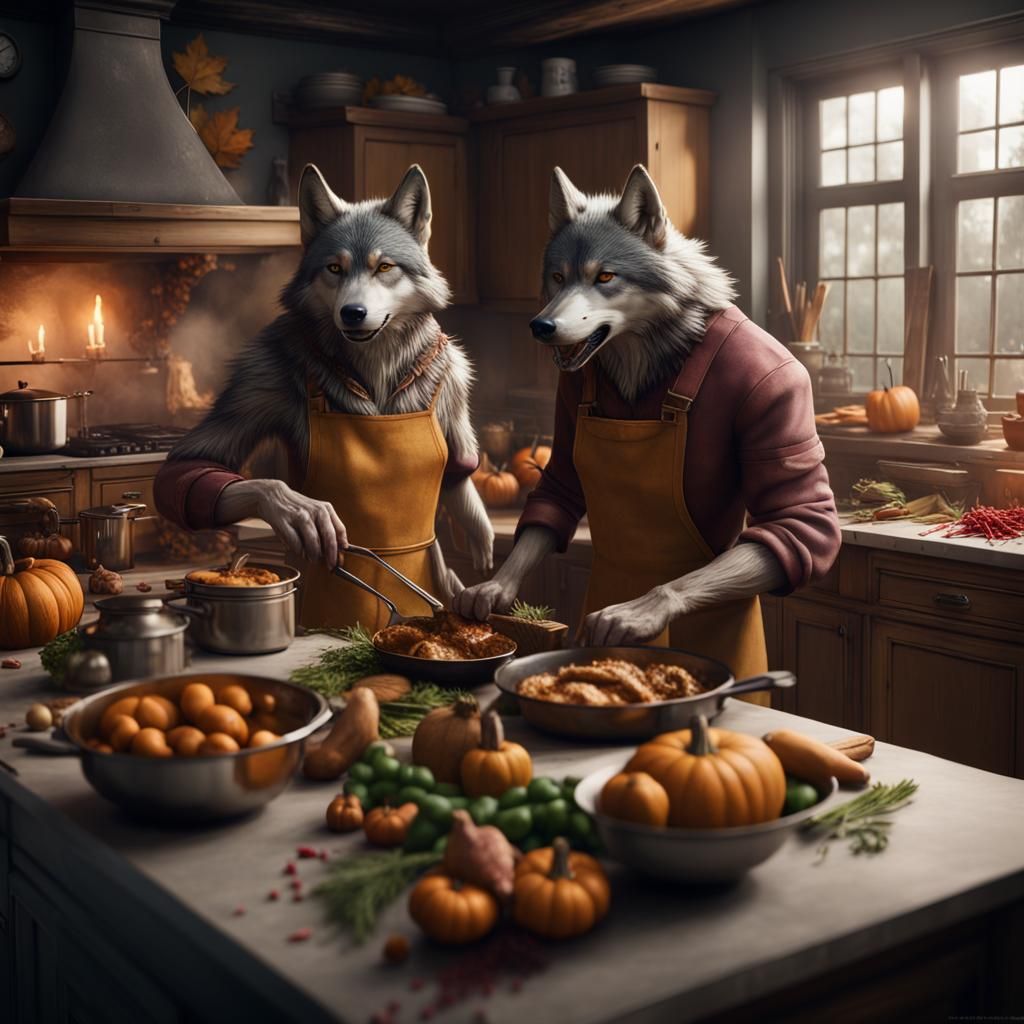 Wolves cooking Thanksgiving food - AI Generated Artwork - NightCafe Creator