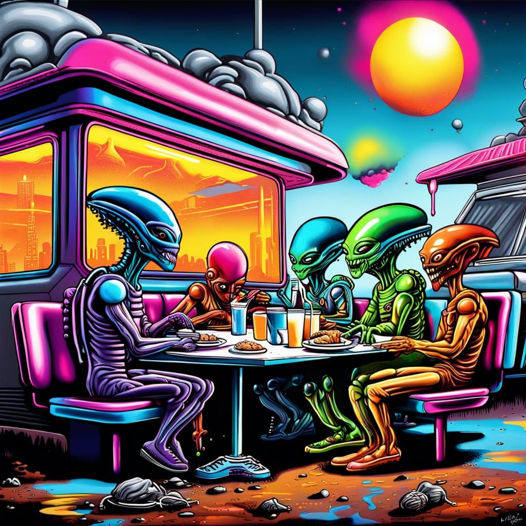 Aliens at the diner, having breakfast on another planet graffiti art ...