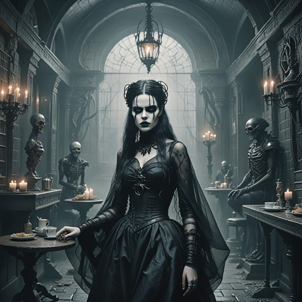 Goth Fashion Model in Smoke-Filled Coffee Shop - AI Art