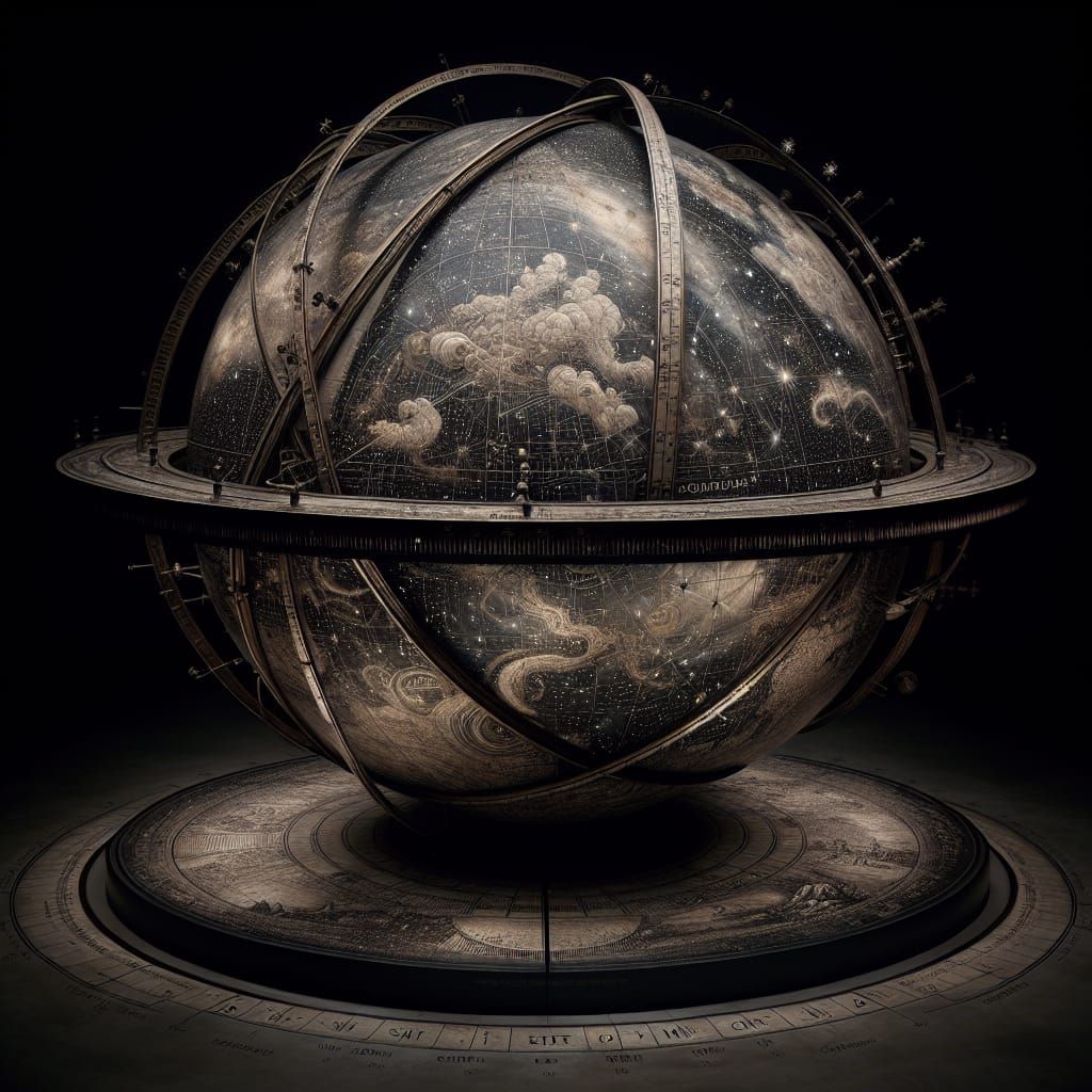 waterdriven spherical birds-eye view map of the heavens