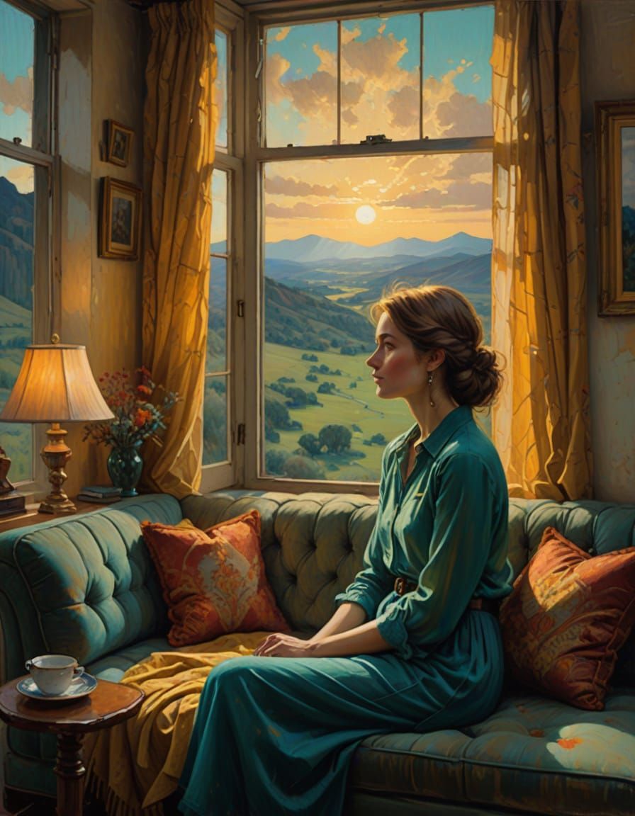 Wistful Woman in a Dreamlike Landscape Oil Paintin... - AI Art