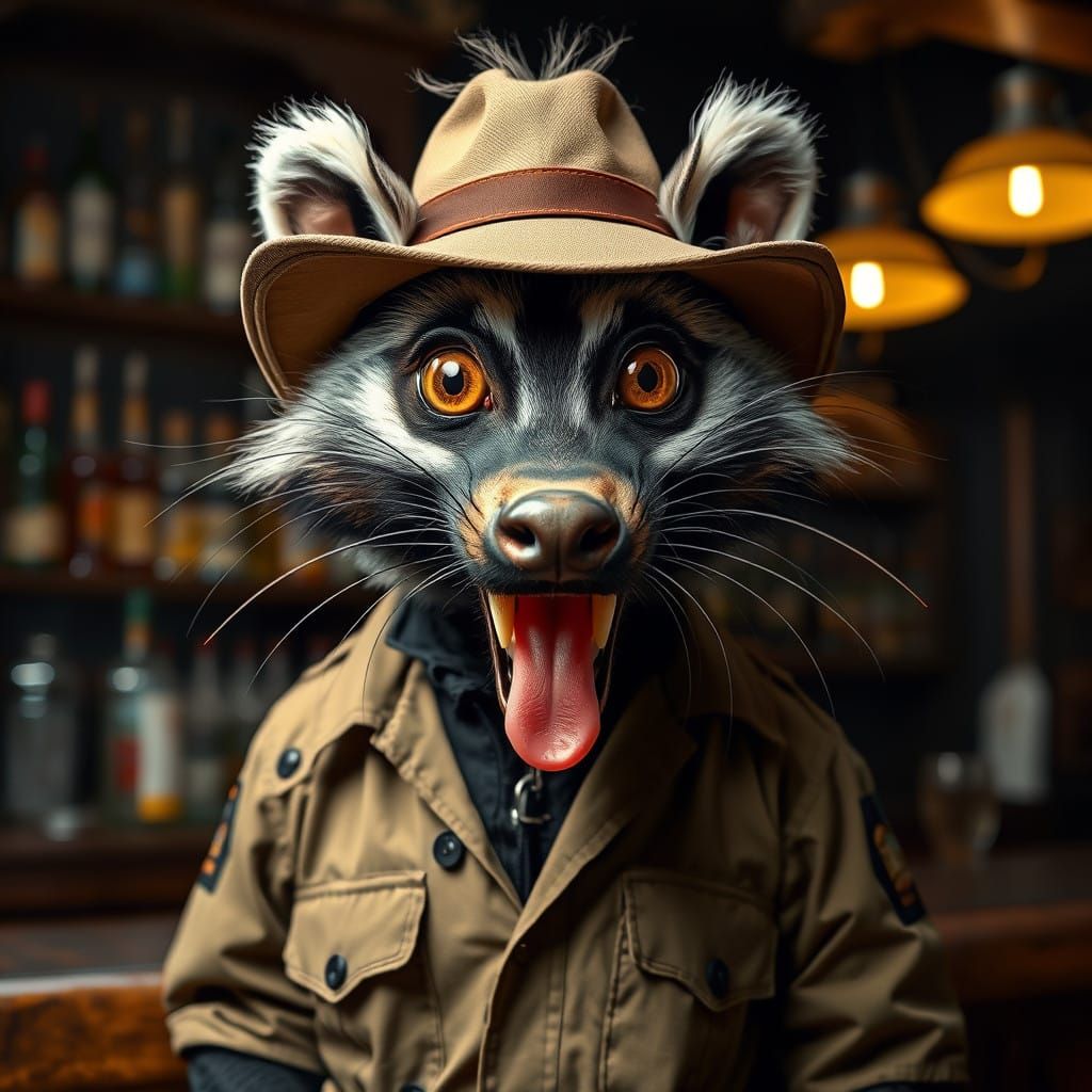 full body shot of a crazy, rabid big-eyed (skunk:1.7), dressed in ...