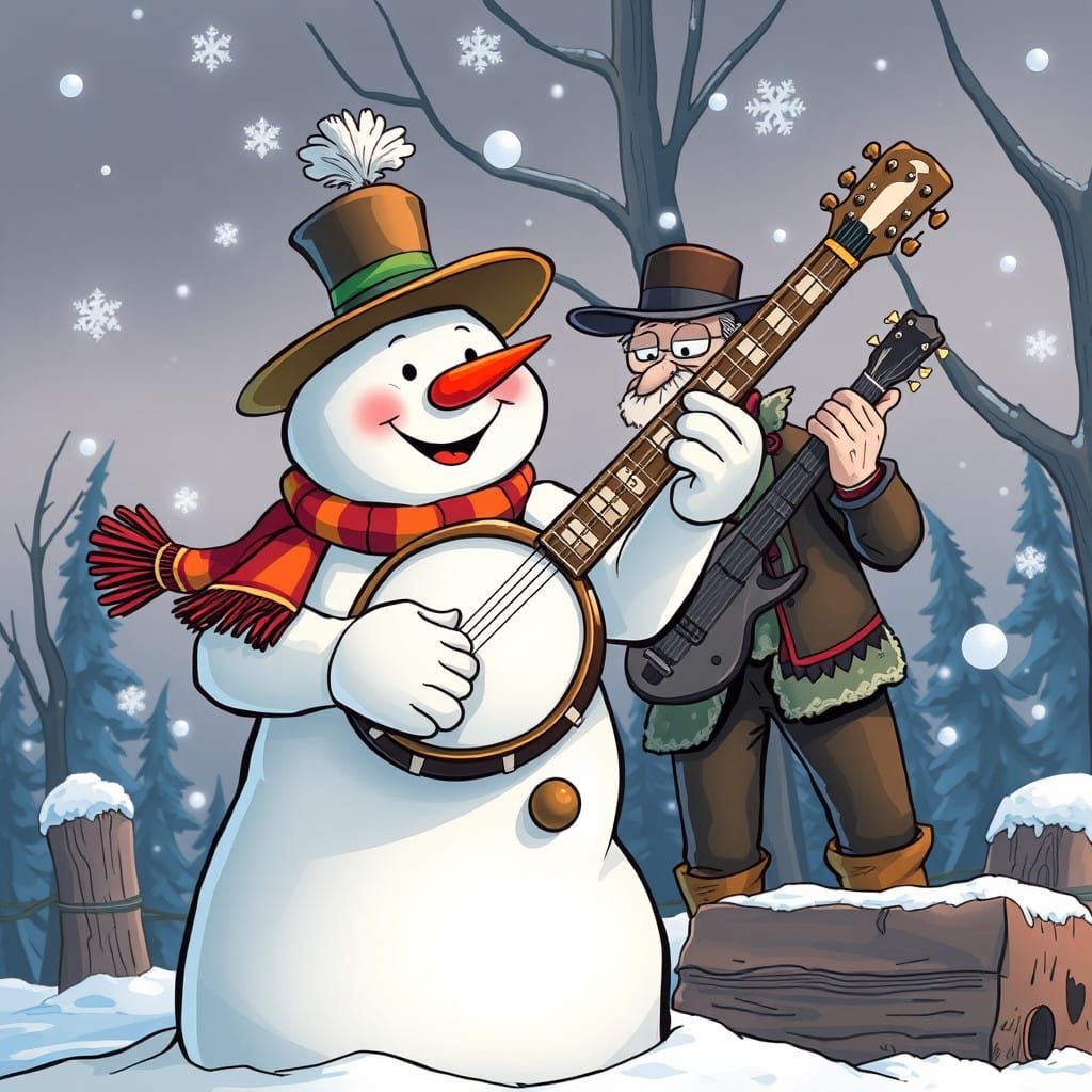 Vibrant Cartoon Banjo Music Session with Snowman i... - AI Art